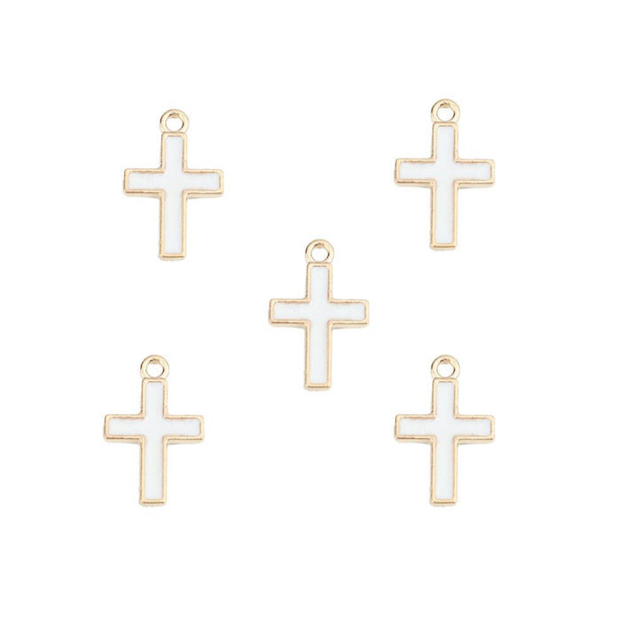 Enamel & Alloy Cross Charms Gold/White 10.5x16.5mm Pack Of 5